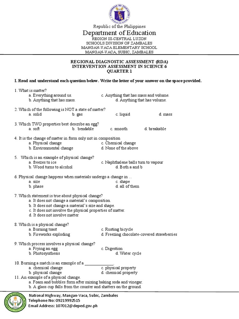 Sci6 q1 Intervention Assessment Science | PDF | Matter | Combustion