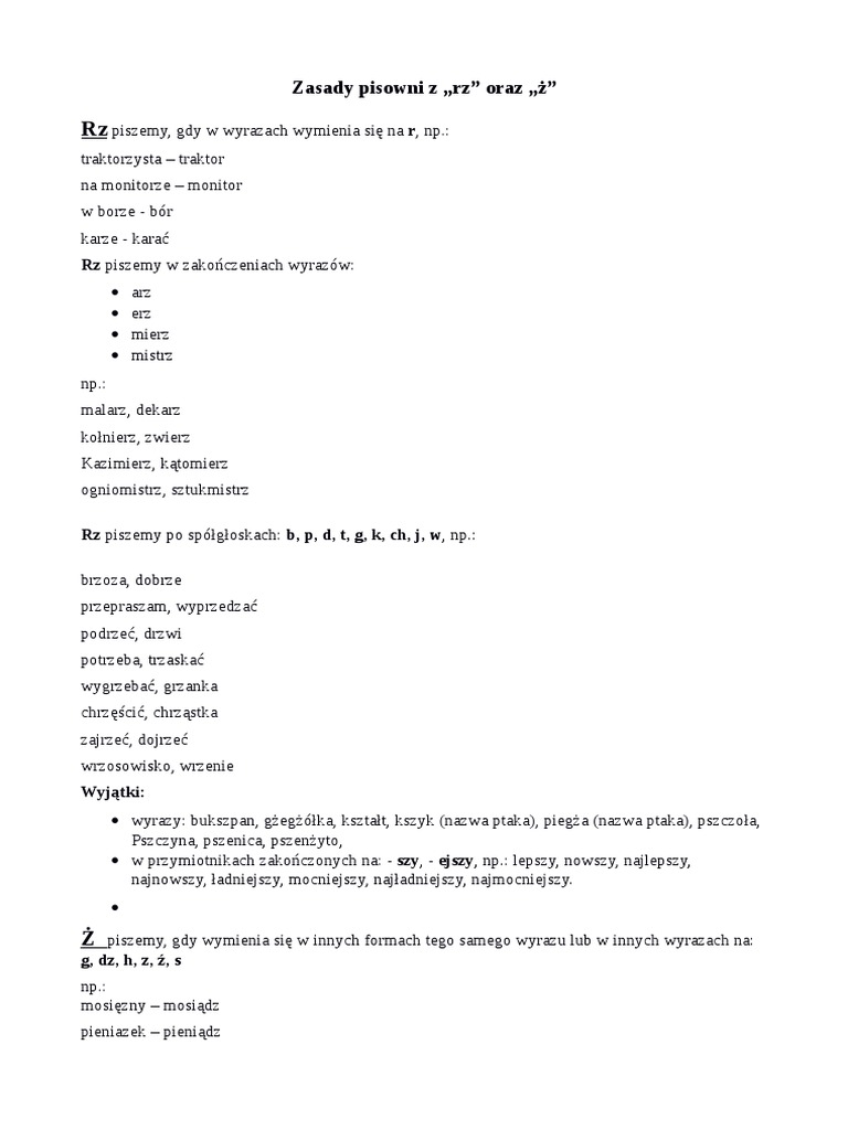 Pisownia Rz I ż ćwiczenia Do Wydruku