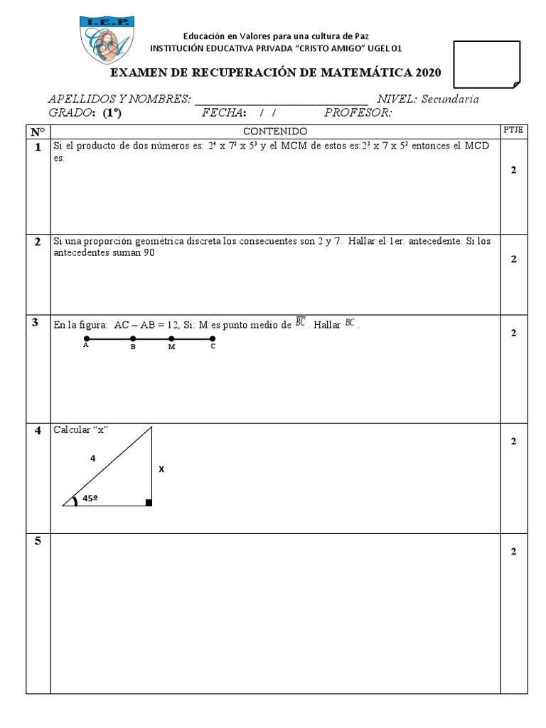Examen Recuperacion Matematica 1ro | PDF
