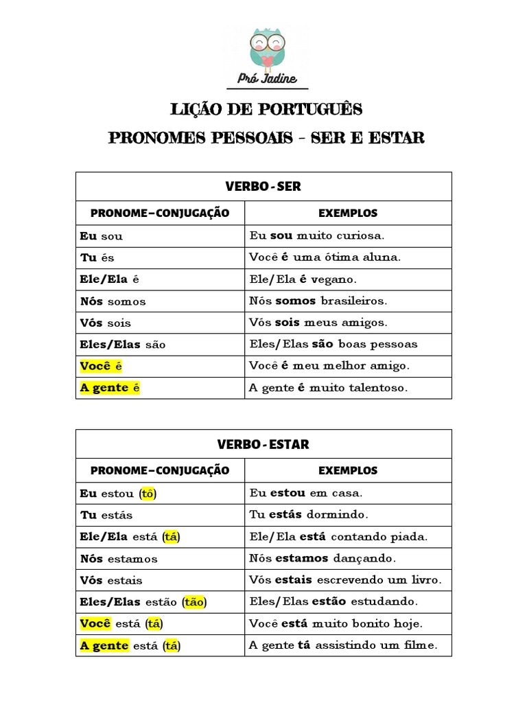 Tarefa de Português - Verbos Ser e Estar + Cores | PDF