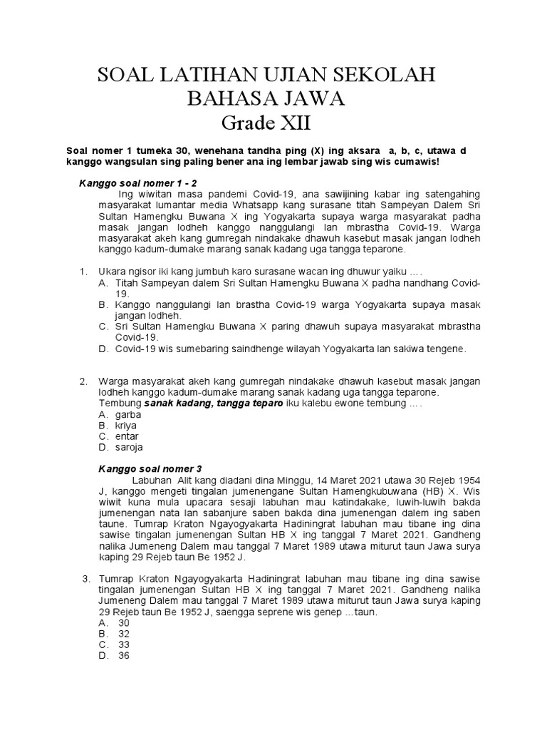 SOAL LATIHAN UJIAN SEKOLAH BAHASA JAWA Grade XII | PDF