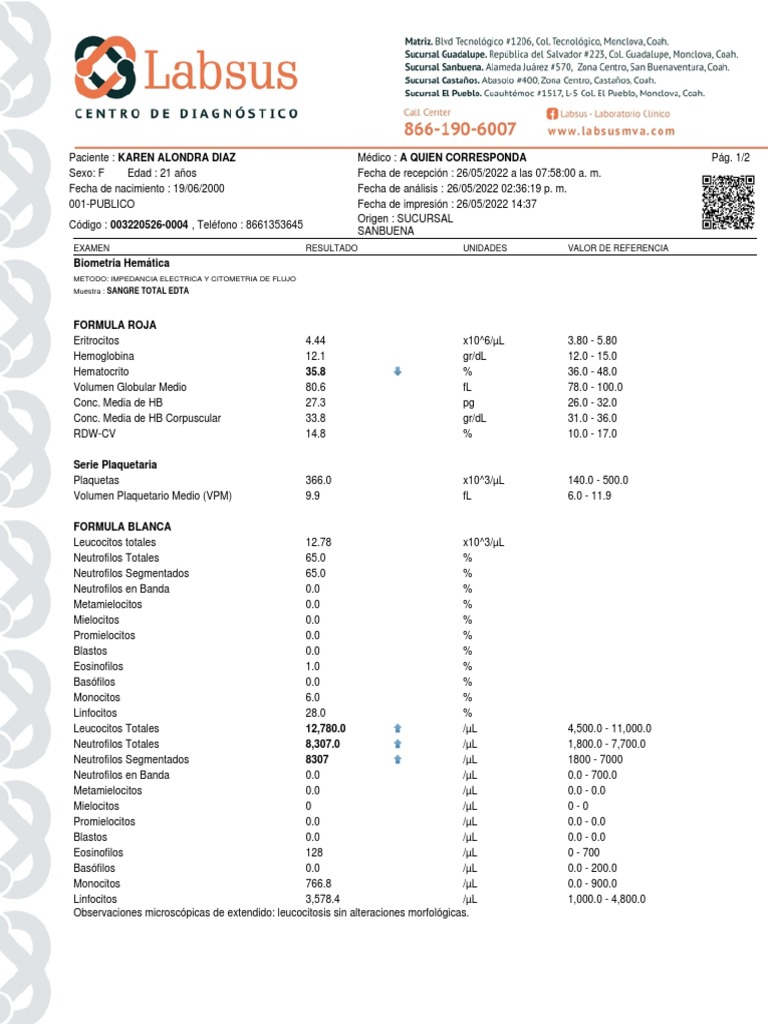 Biometria Hemática: Examen Resultado Unidades Valor de Referencia | PDF | Leucocito | Sangre