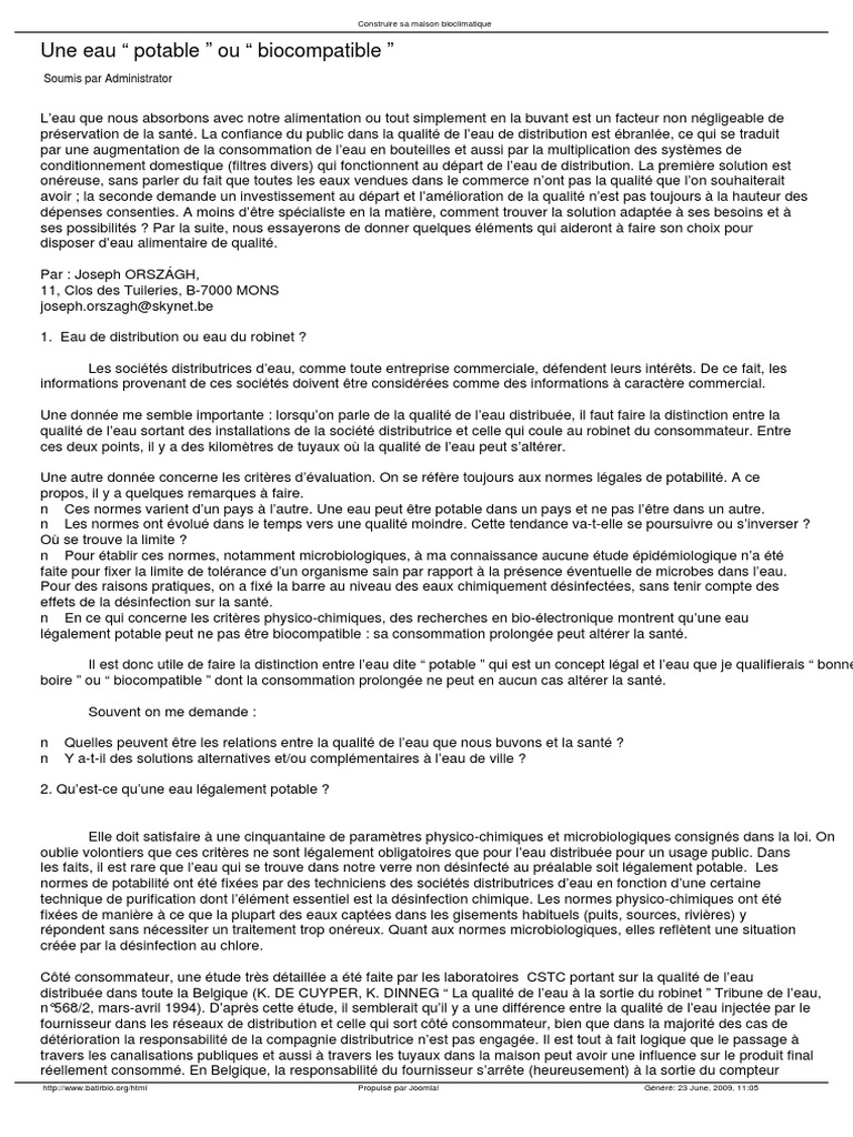 Eau potable vs eau biocompatible | PDF | Boire de l'eau | Eau