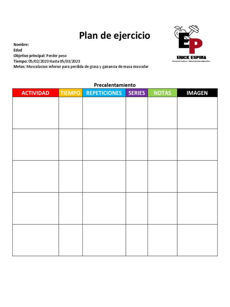 Plan de Ejercicio | PDF | Entrenamiento con pesas | Anatomía humana
