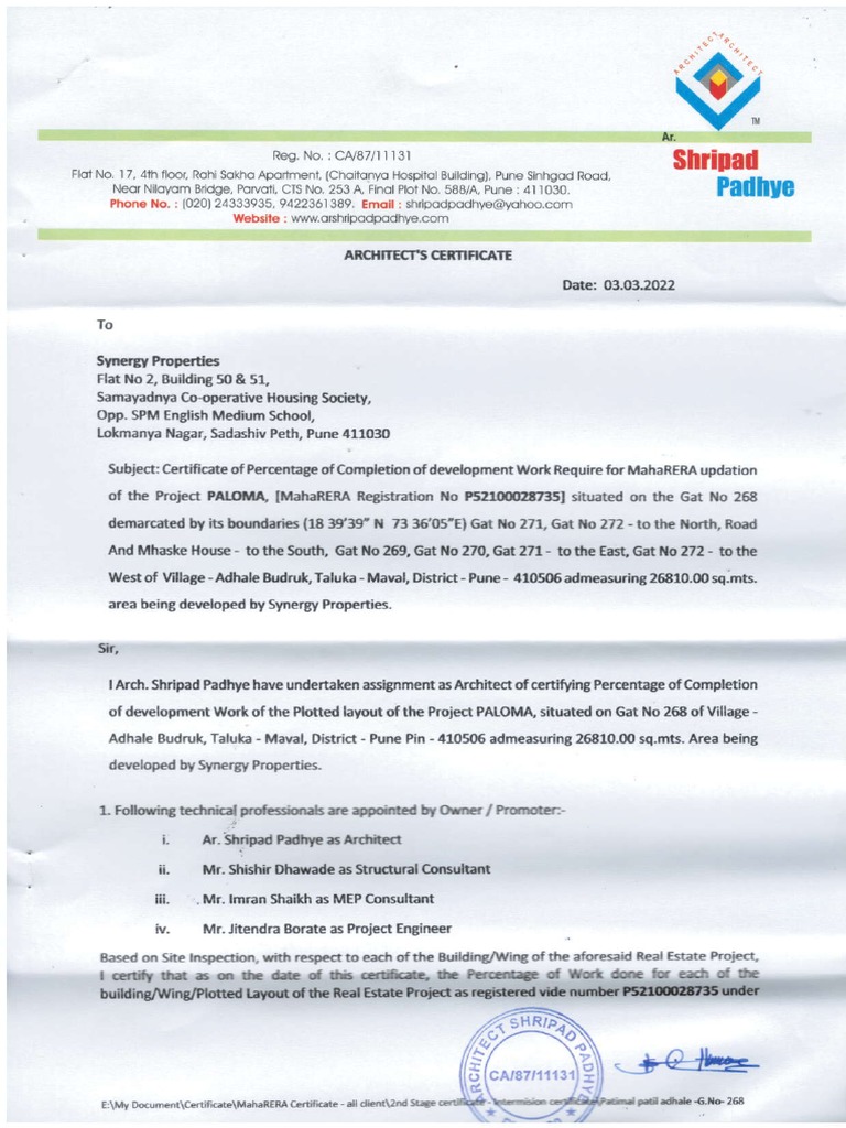 Architect Completion Certificate for Project | PDF | Science & Mathematics