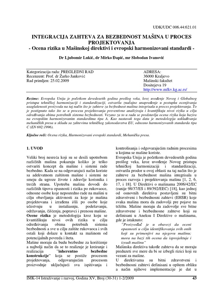 Integracija Zahteva Za Bezbednost Mašina U Proces Projektovanja - Ocena Rizika U Mašinskoj ...