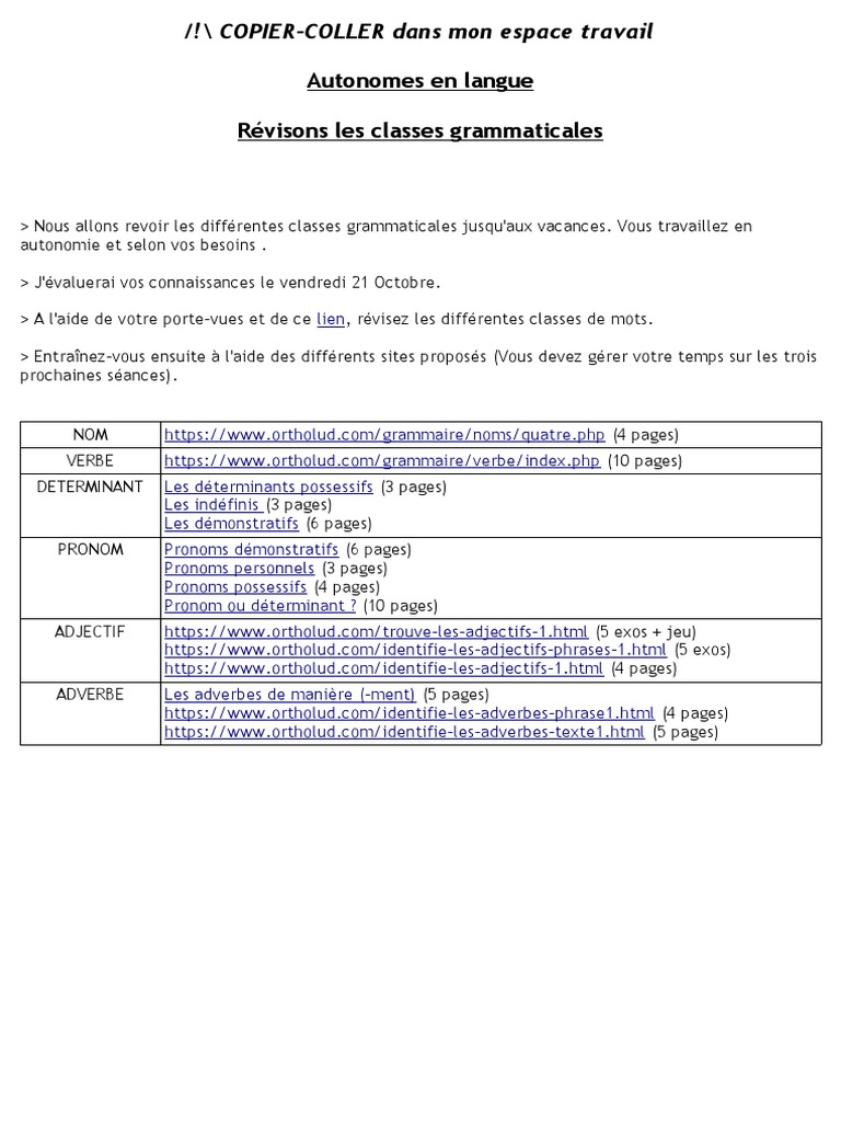 Révision des classes grammaticales | PDF