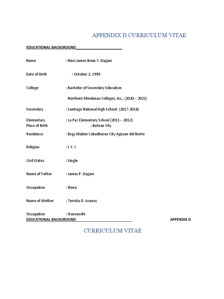 Appendix D Curriculum Vitae: Educational Background | PDF | Wellness
