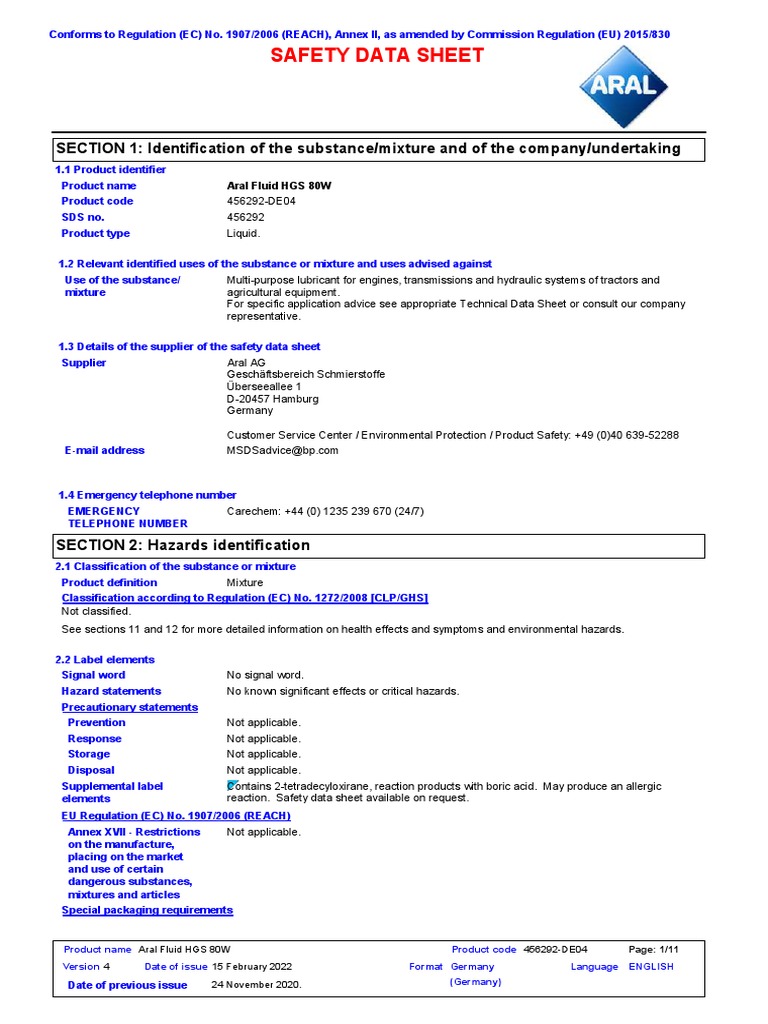 Aral Fluid Hgs 80w Germany English-Gb SDB 456292 | PDF | Personal Protective Equipment ...