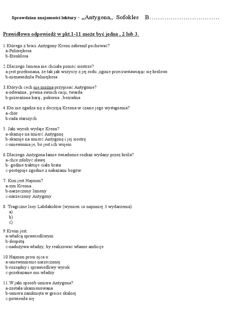 Antygona - Sprawdzian Ze ZnajomoĹ Ci Lektury | PDF