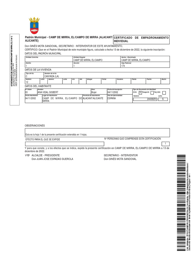 Certificado de empadronamiento individual de Ana Vidal Gisbert en Campo ...