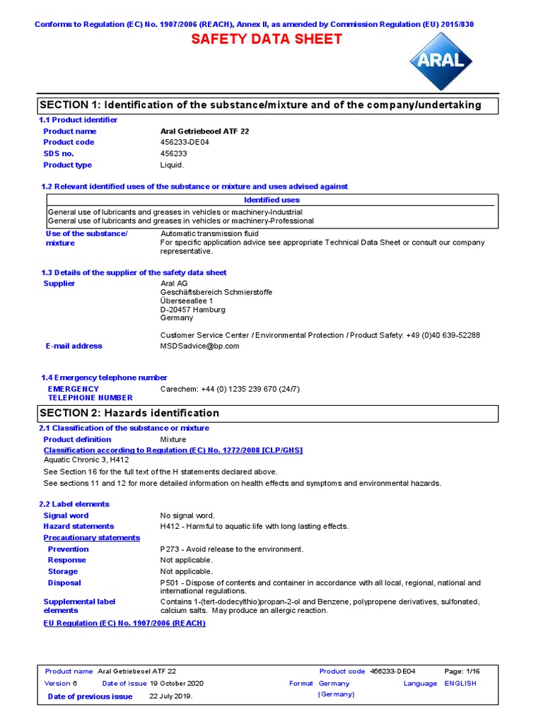 Aral ATF 22 Safety Data Sheet | PDF | Personal Protective Equipment ...