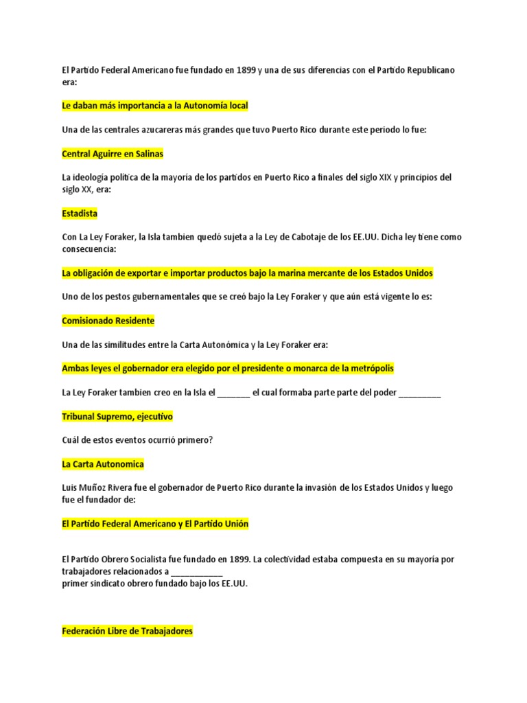 Examen Historia Ley Foraker | PDF | Puerto Rico | Los Estados Unidos