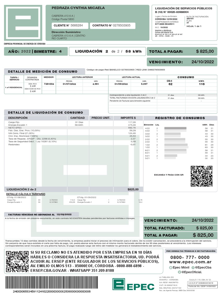 Factura EPEC Córdoba: Detalles y Pago | PDF