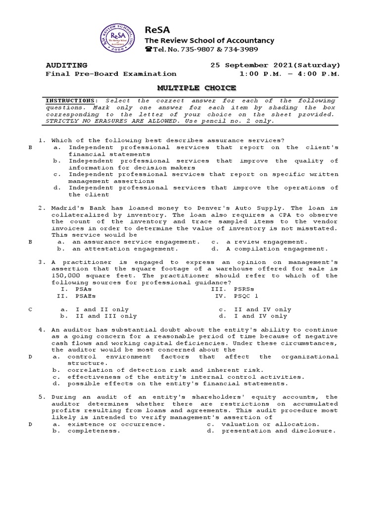 ReSA B42 AUD Final PB Exam - Questions, Answers - Solutions | PDF ...