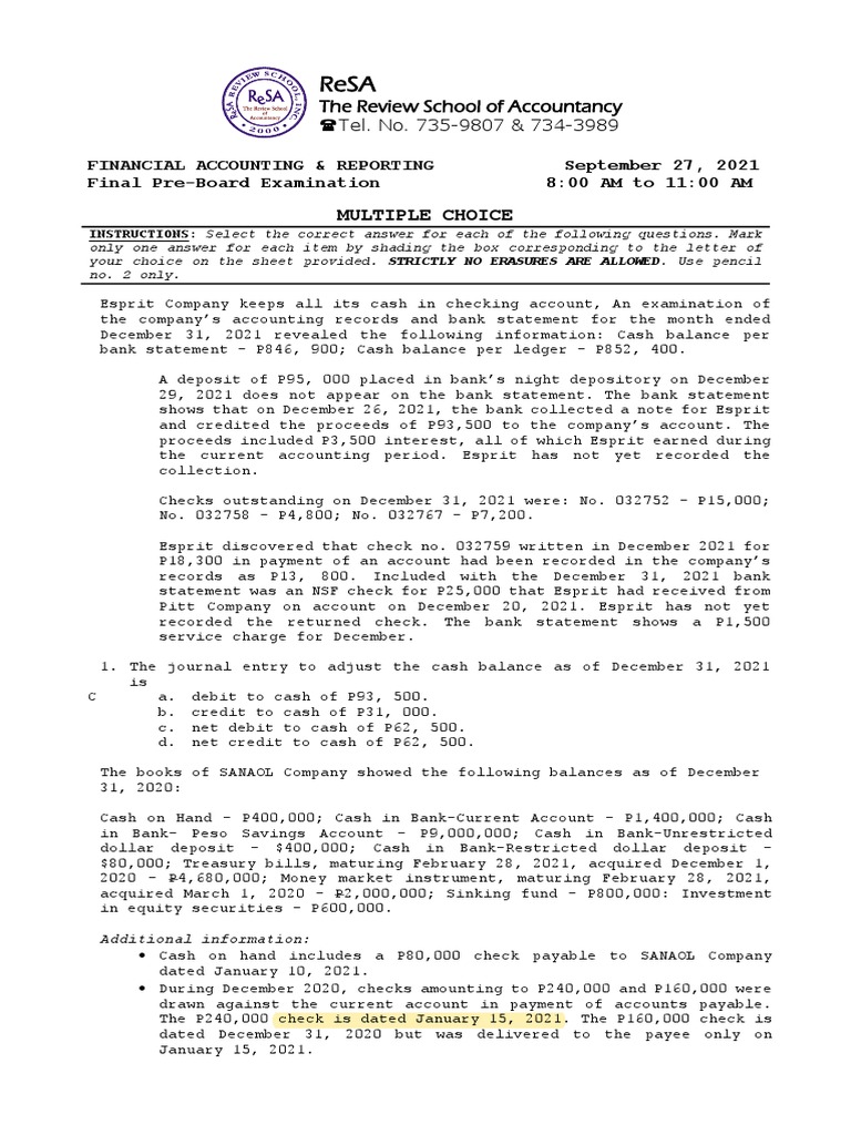 ReSA B42 FAR Final PB Exam - Questions, Answers - Solutions | PDF ...