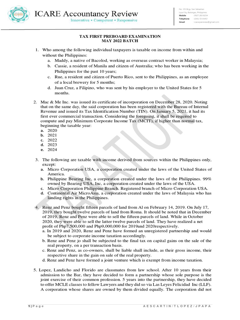 ICARE First Preboard TAX | Download Free PDF | Taxes | Dividend