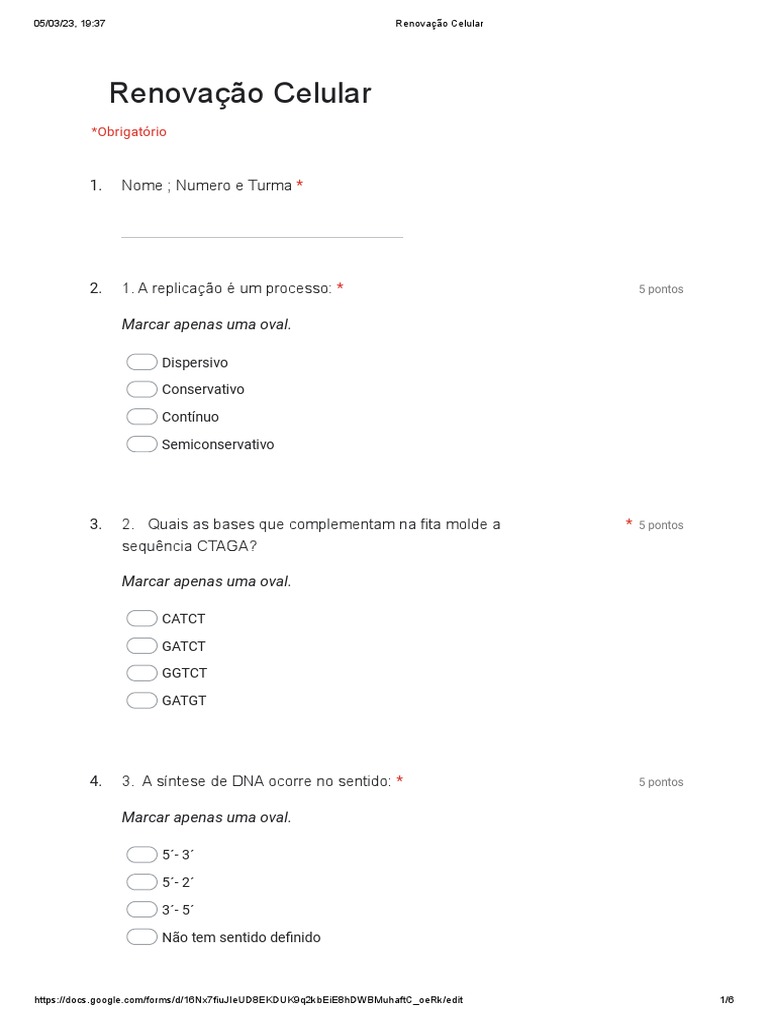 Renovação Celular DNA e Síntese Proteica - Google Forms | PDF