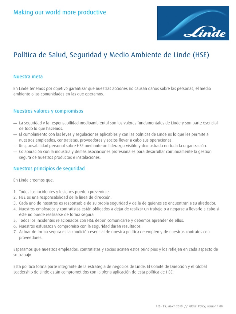 Política HSE de Linde: Seguridad y Medio Ambiente | PDF