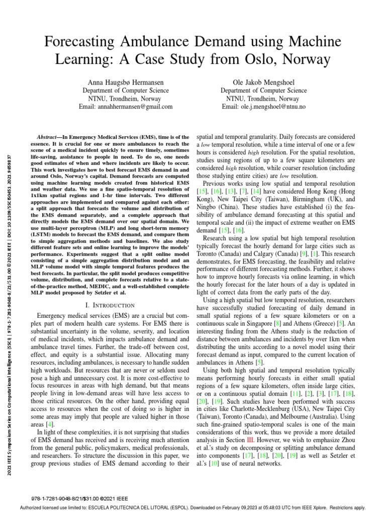Forecasting Ambulance Demand Using Machine Learning A Case Study From Oslo Norway | Download ...