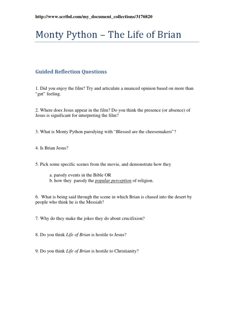 Week 5 - Monty Python - Life of Brian - Guided Questions | PDF | Social ...