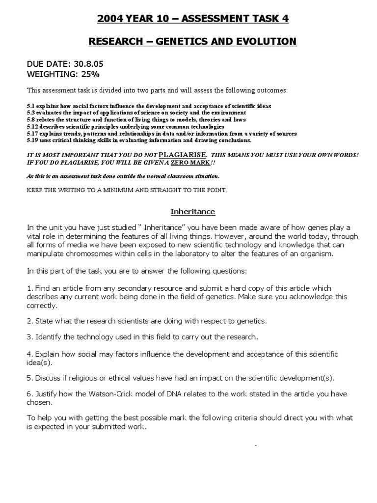 Year 10 200 Assessment Task 4 - Research On Genetics and Evolution ...