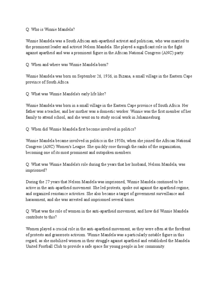 Winnie Mandela Questions and Answers | PDF | Apartheid | Politics And Race