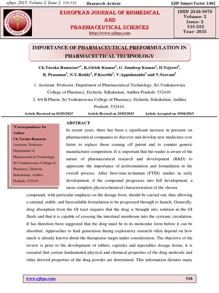 The Importance of Pharmaceutical Preformulation in Pharmaceutical ...