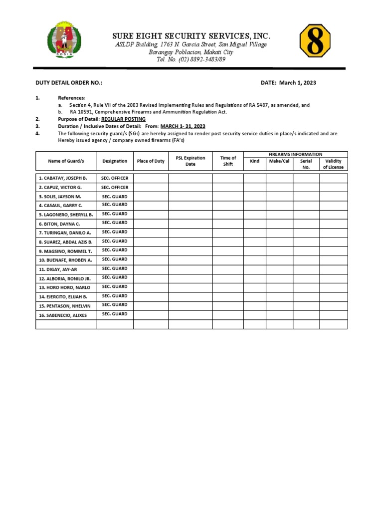 Sure Eight Security Services, Inc.: Duty Detail Order No.: DATE: March ...