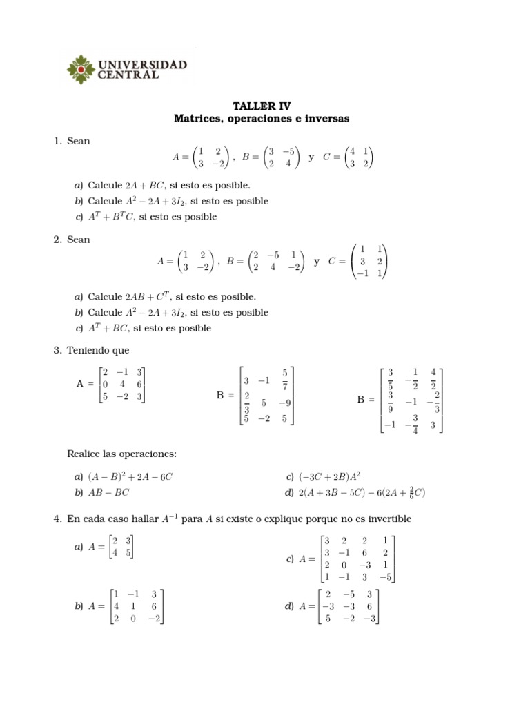 Taller IV - Matrices, Operaciones e Inversas | PDF | Matriz (Matemáticas) | Álgebra