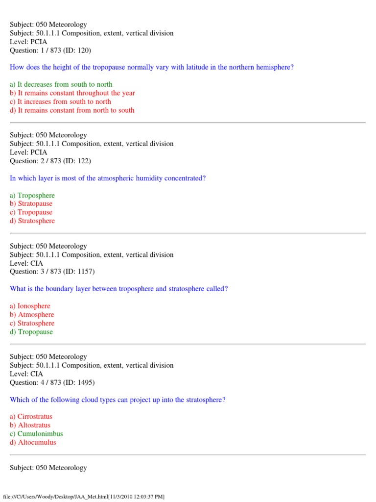 ATPL Meterology Questions | PDF | Troposphere | Atmosphere Of Earth