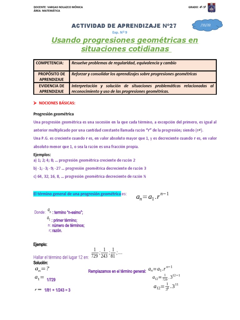 ACTIVIDAD 27 - 4°-5º (Progrseiones Geométricas) | PDF | Matemáticas