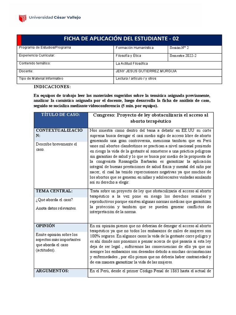 Ficha de Aplicación 02 Grupo 2 | Descargar gratis PDF | Aborto | El embarazo