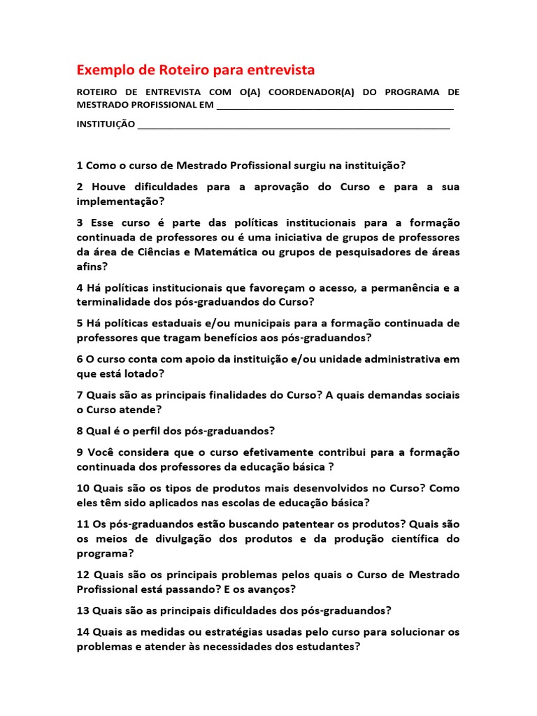 Exemplo_ROTEIRO de ENTREVISTA_ Coordenadores | PDF
