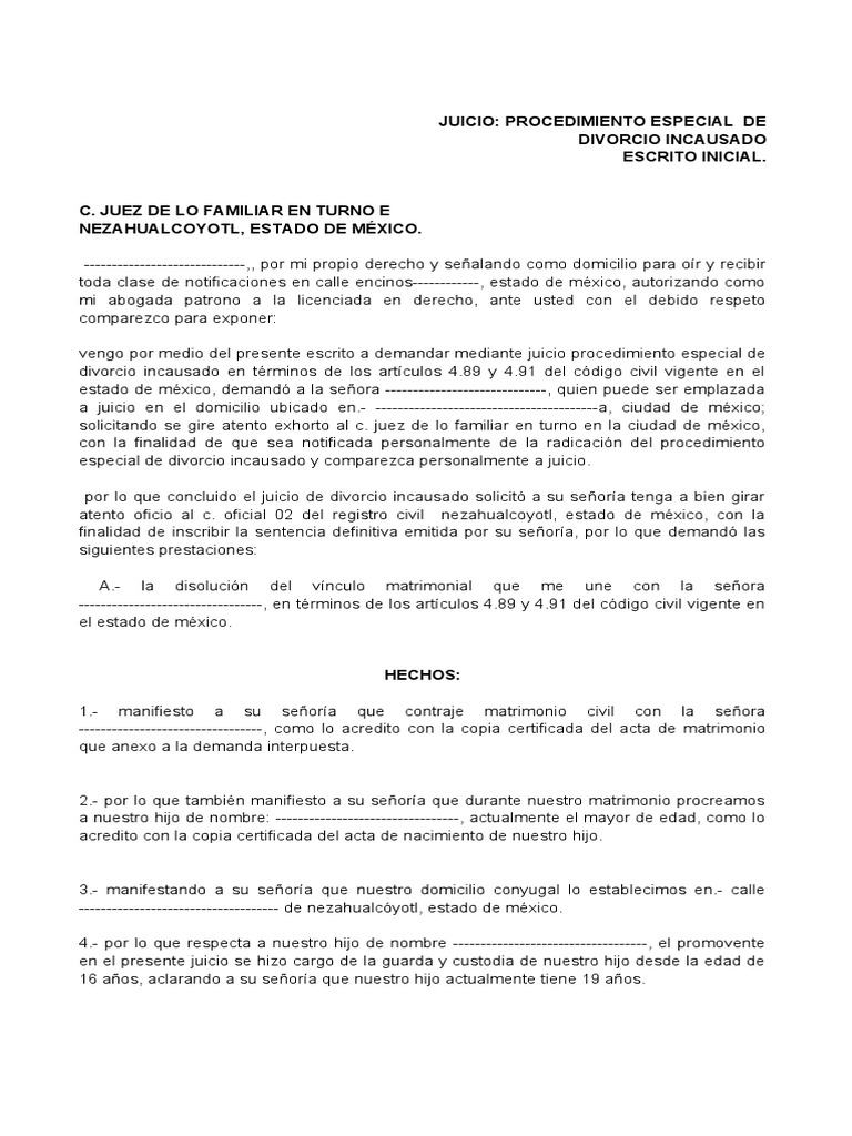 Demanda de Divorcio Incausado Estado de Mexico | PDF | Divorcio ...