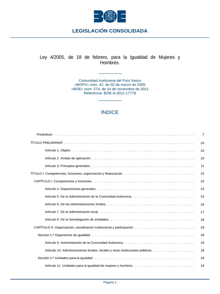 Ley 4 - 2005, de 18 de Febrero, para La Igualdad de Mujeres y Hombres ...