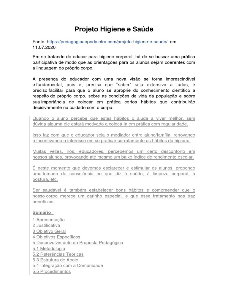 Projeto Higiene E Saúde Educação Infantil Pdf Dente Pedagogia