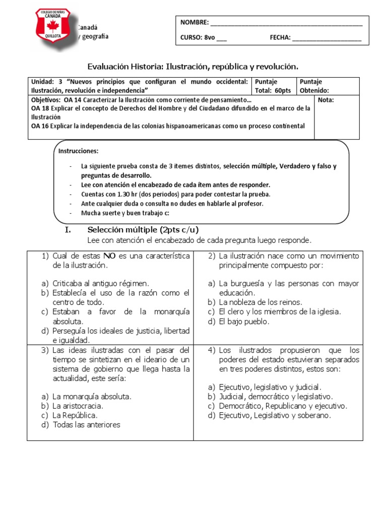 Prueba 8vo | PDF | República | Era de iluminacion