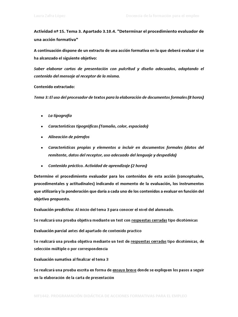 N 15. Tema 3. Apartado 3.10.4. Determinar El Procedimiento Evaluador de Una Acción Formativa | PDF