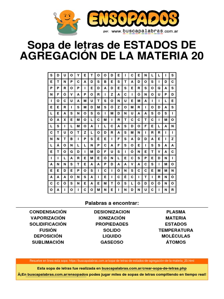 Sopa de Letras de Estados de Agregación de La Materia | PDF