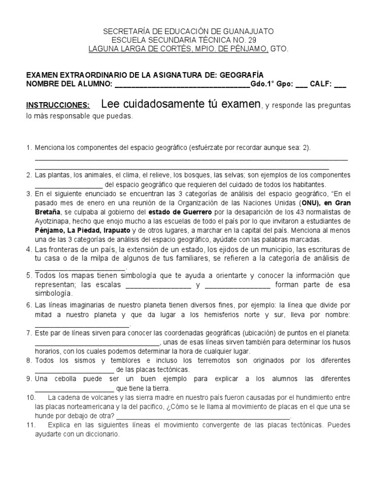 Examen de Geografía Secundaria | PDF | Temblores