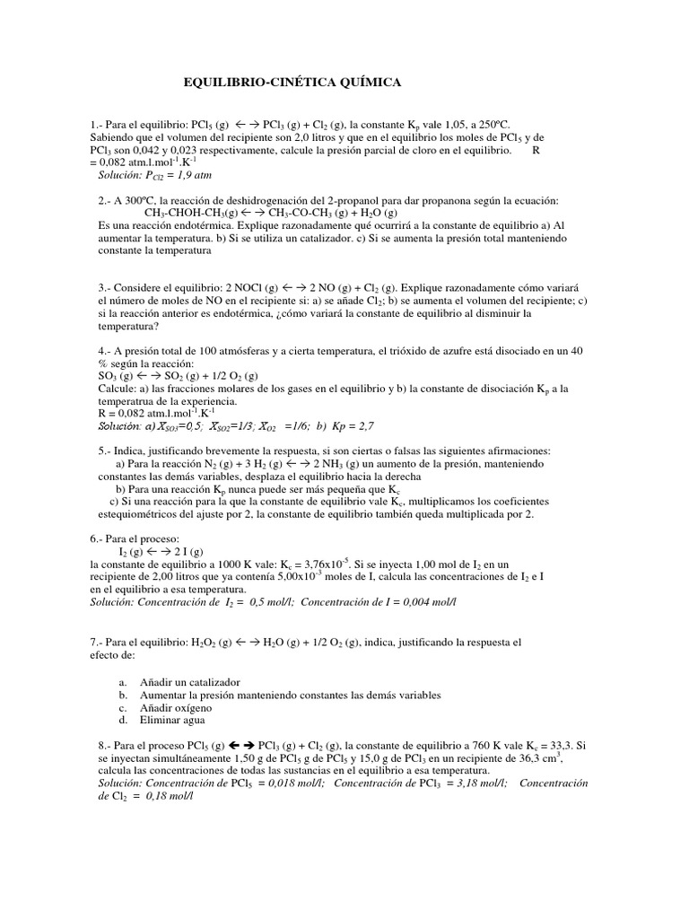 Ejercicios EVAU Equilibrio-Cinética | PDF | Equilibrio químico | Solubilidad