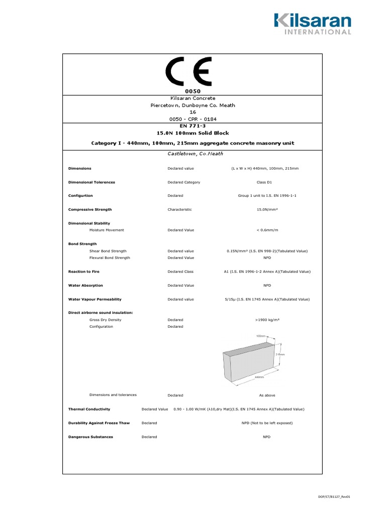 Kilsaran 15.0N 100mm Solid Block Specs | PDF | Concrete | Masonry
