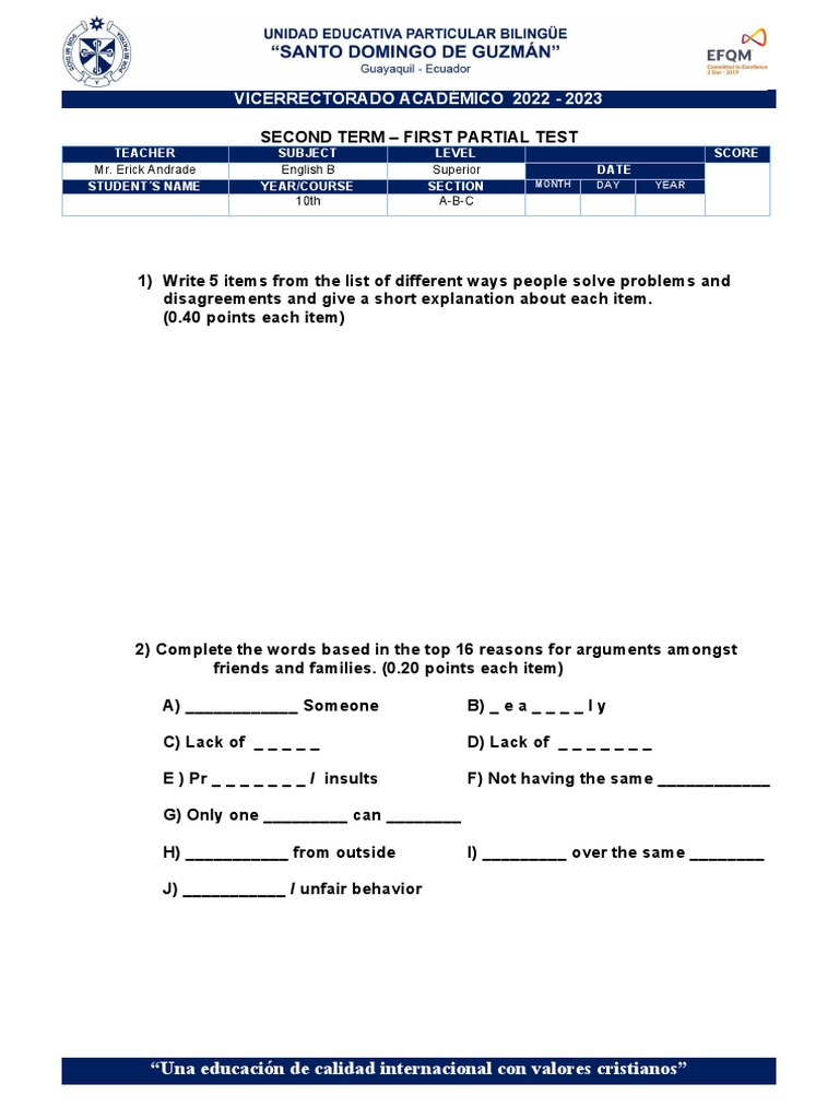 10th Grade Test - 2nd Term | PDF