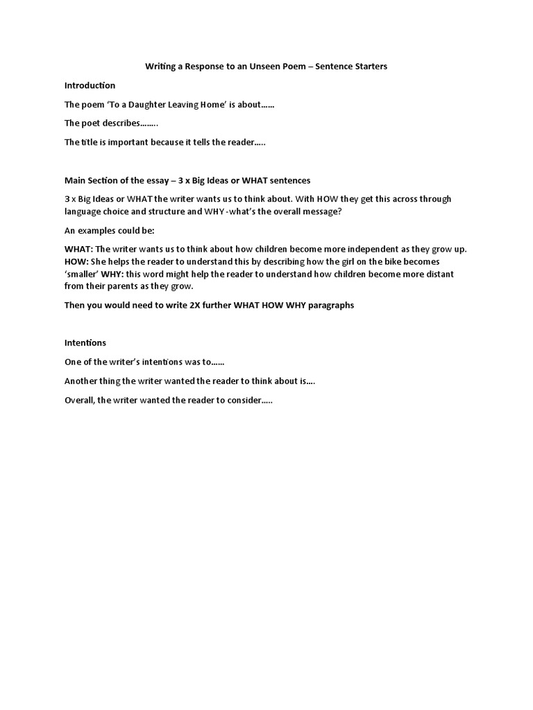 Sentence Starts For Unseen Poem | PDF