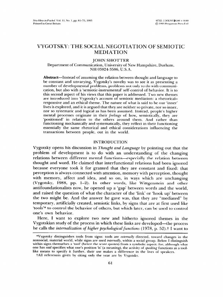 Shotter, J. (1993) - Vygotsky The Social Negotiation of Semiotic Mediation | PDF | Thought ...