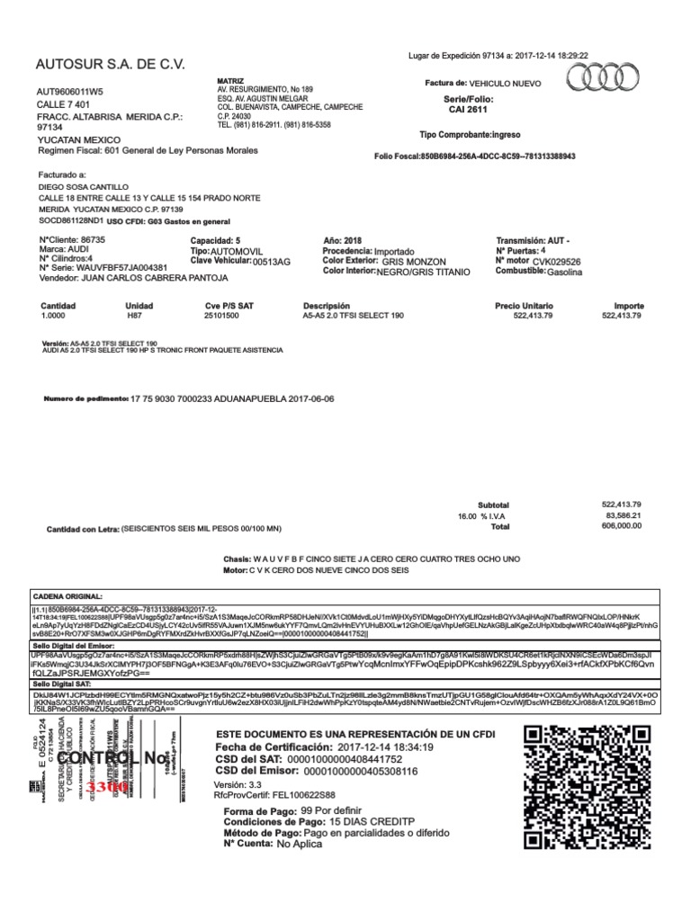 Factura Original Audi 2018 | PDF | Transporte privado | Vehículos