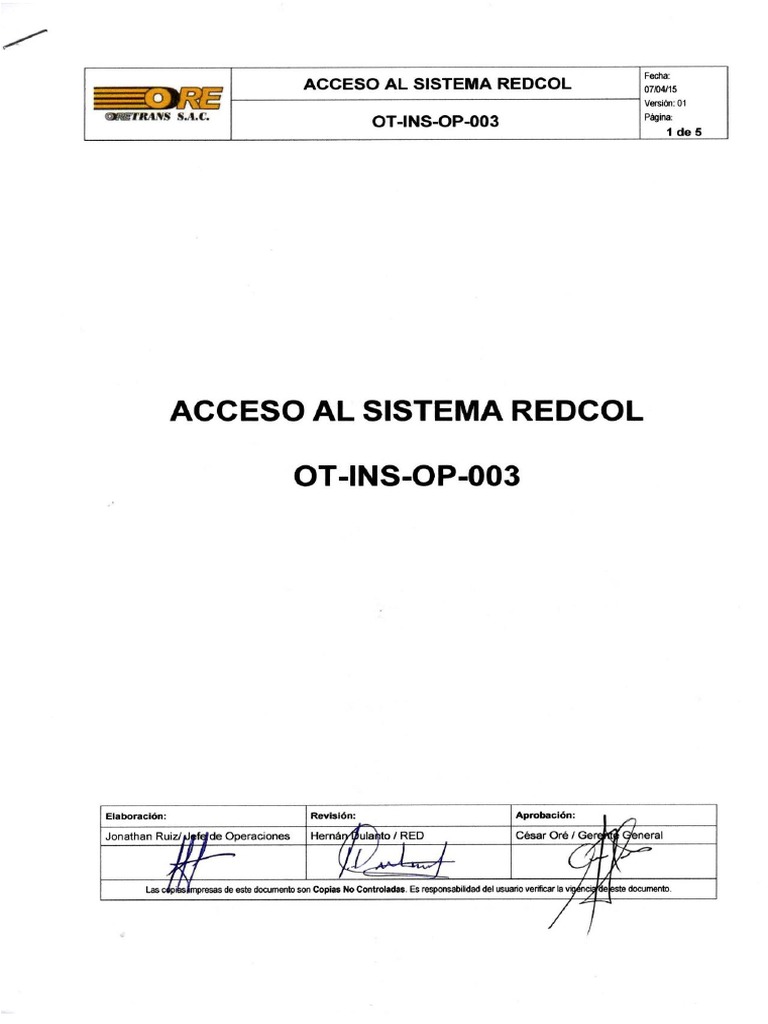OT-INS-OP-003 Acceso Al Sistema REDCOL Ver.01 | PDF | Tecnologías de la ...