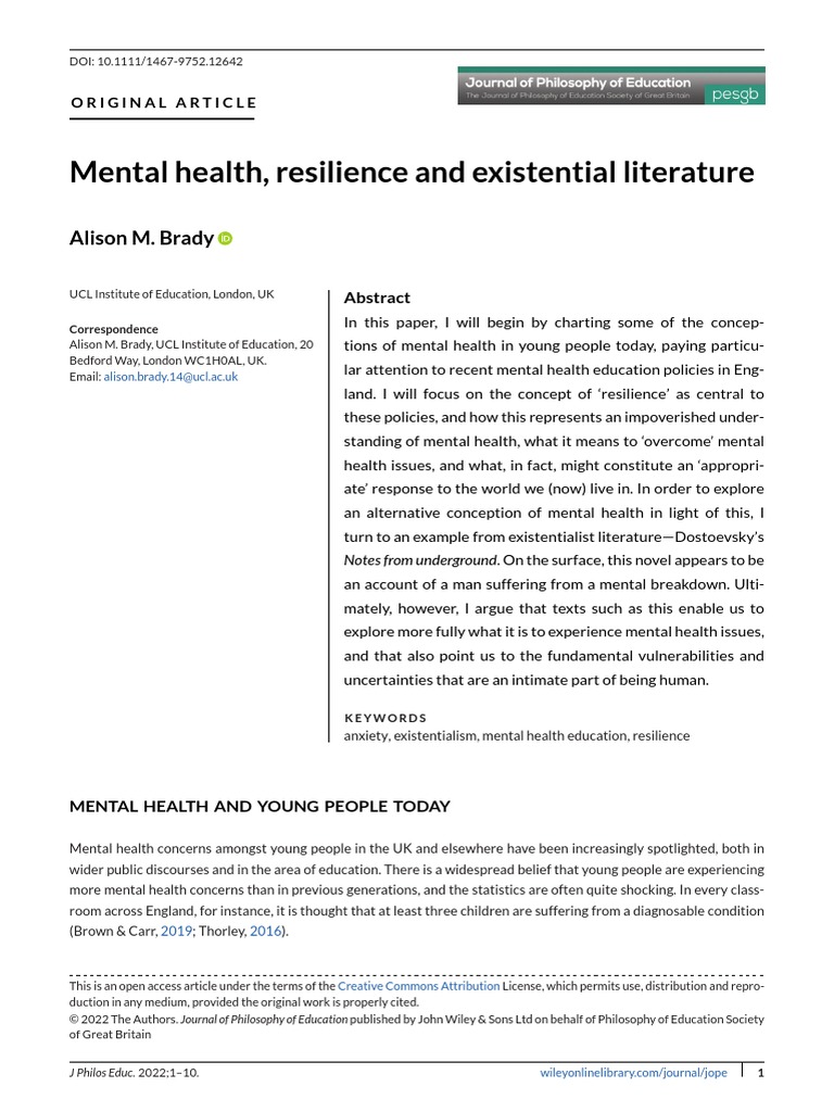 Brady - Mental Health Resilience and Existential Literature | PDF | Psychological Resilience ...