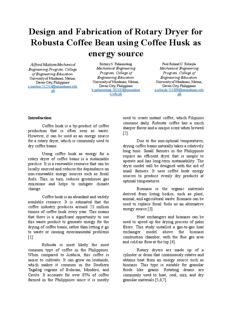 Design and Fabrication of a Rotary Coffee Bean Dryer Powered by Coffee ...